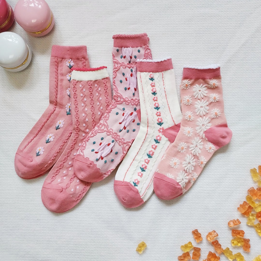Bloom Candy Pink Floral Crew Socks - Etsy