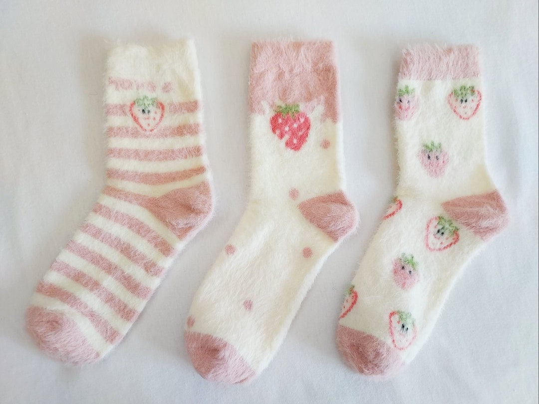 Strawberry Milk Plush Fluffy Crew Socks - Etsy