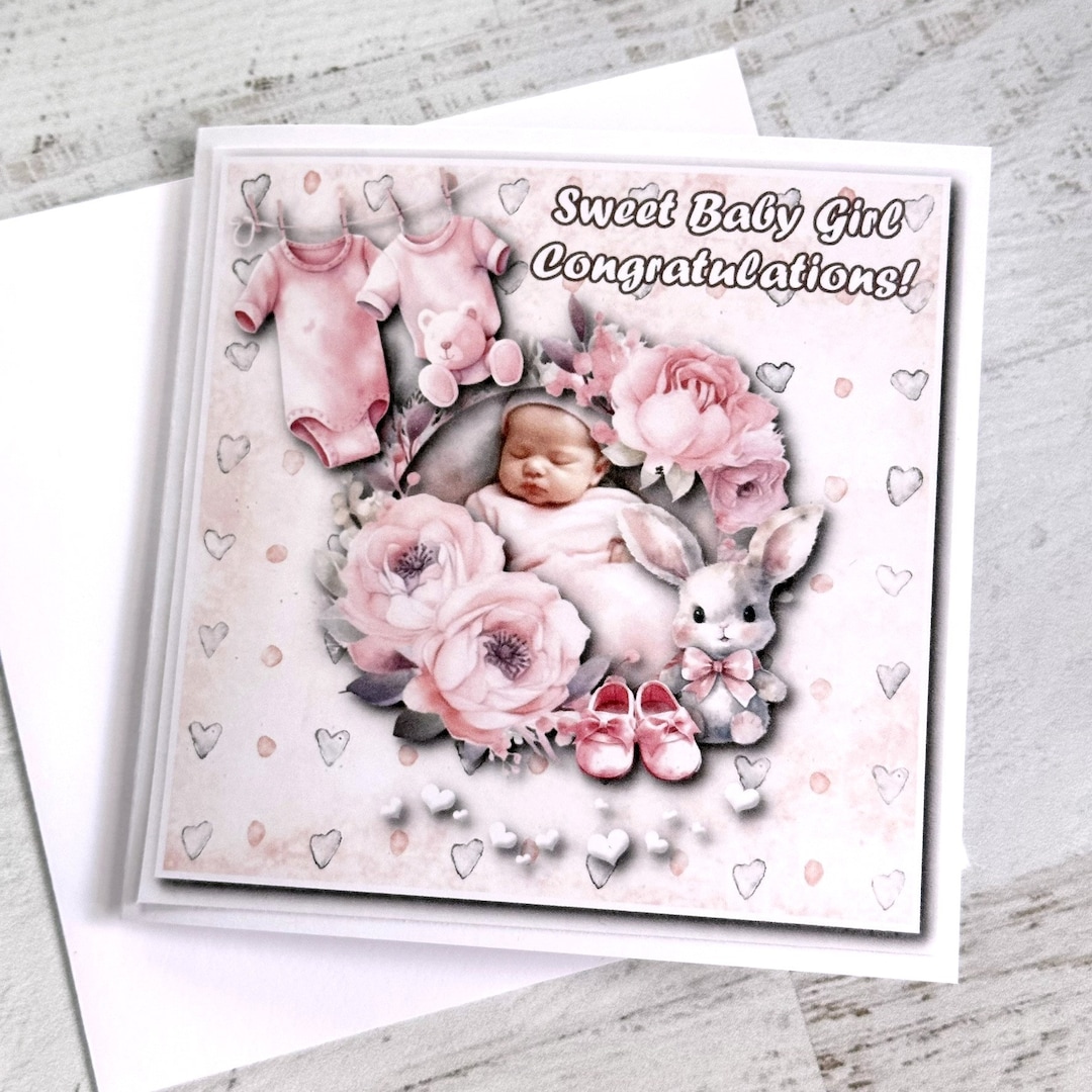 Pink Floral Bunny Baby Girl Congratulations Card, Sweet Newborn Welcome ...