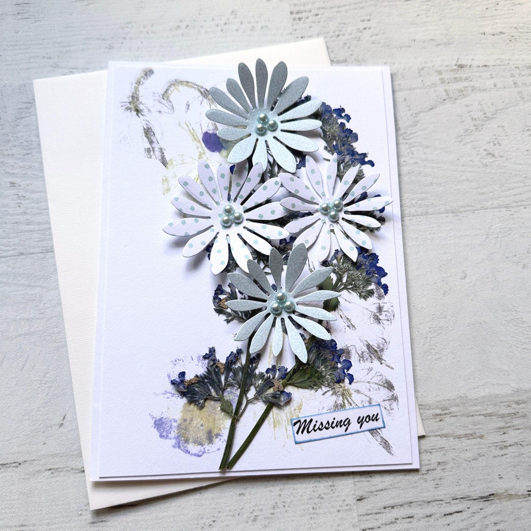 Floral Missing You Card, Pressed Flowers Handmade Pearl Embellished ...
