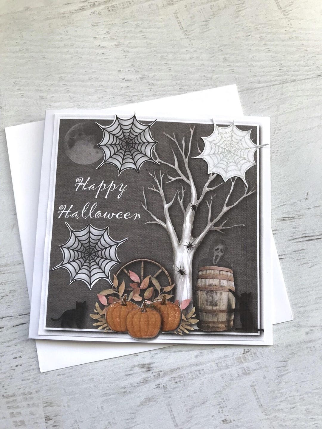 Spooky Ghostly Halloween Greeting Card, Pumpkins and Spiders Card - Etsy