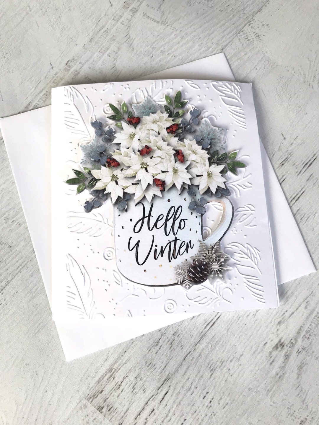 Hello Winter Card Set, Embossed Note Cards, Christmas Mug Card, Holiday ...