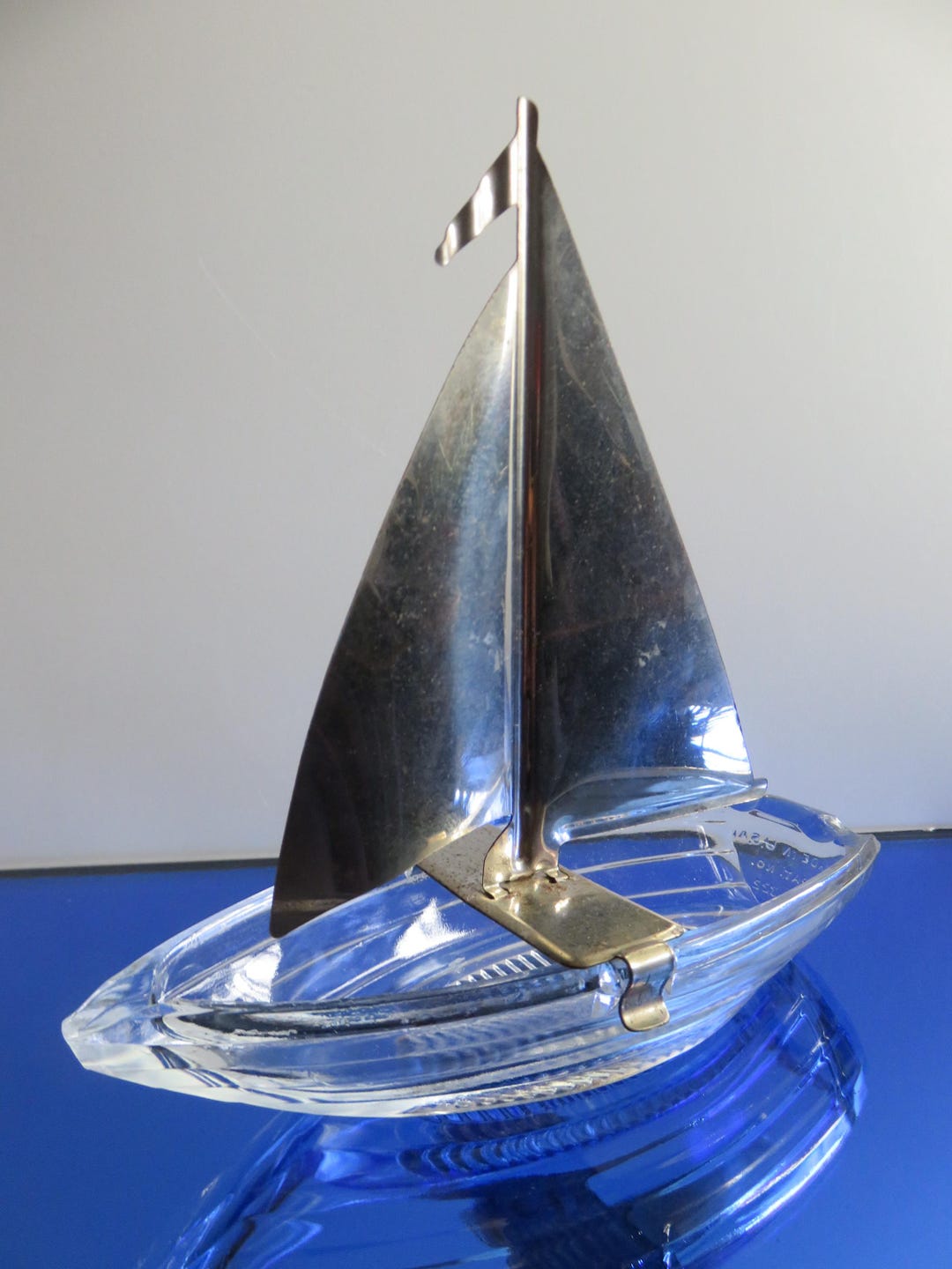 Vintage Sail Boat Ashtray- Clear Glass Bottom- Silver Metal Sail- Pat ...