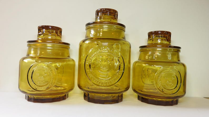 Vintage Wheaton Amber Glass Canisters-smiling Sun Face/rooster- Set of ...