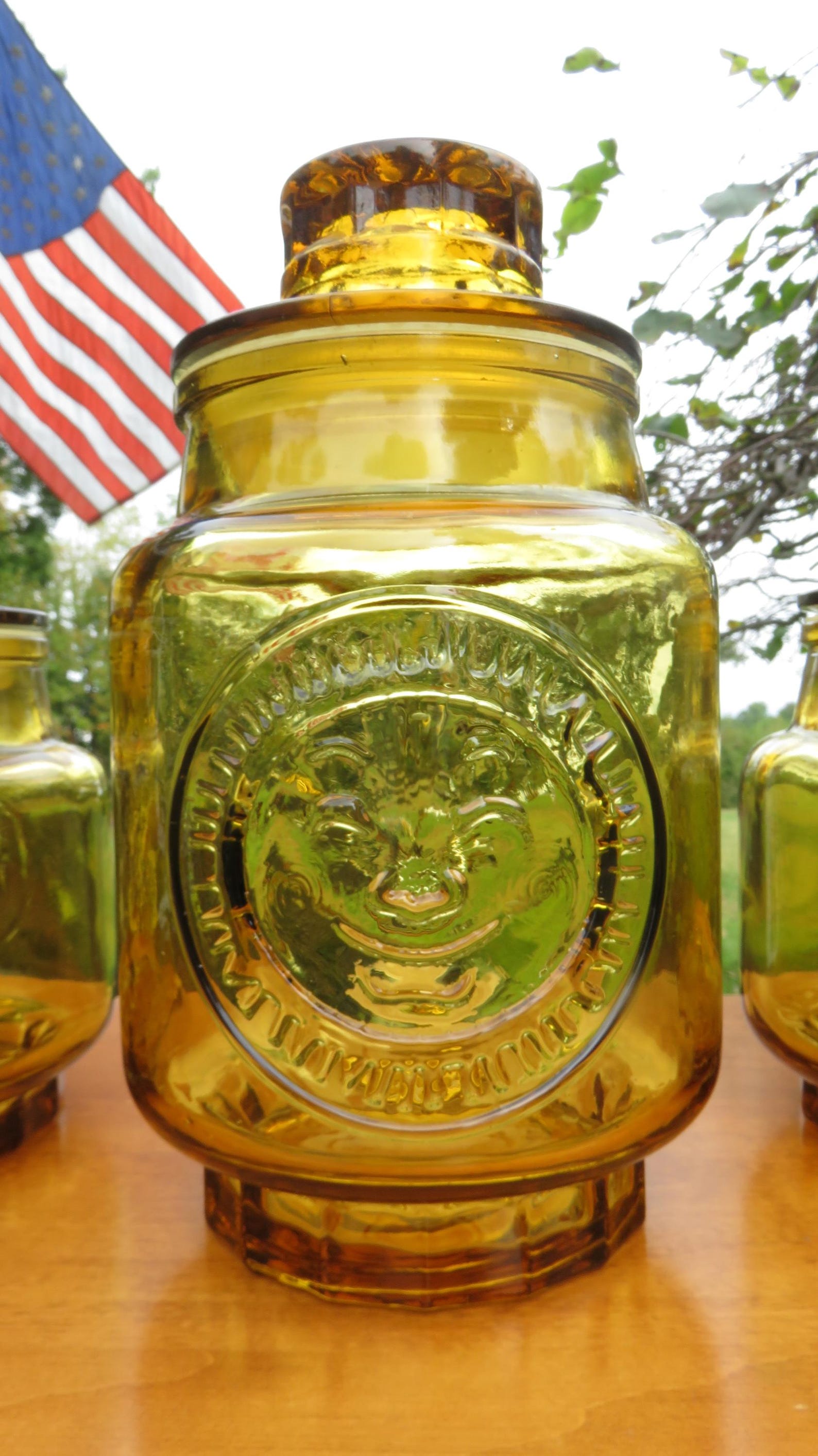Vintage Wheaton Amber Glass Canisters-smiling Sun Face/rooster- Set of ...