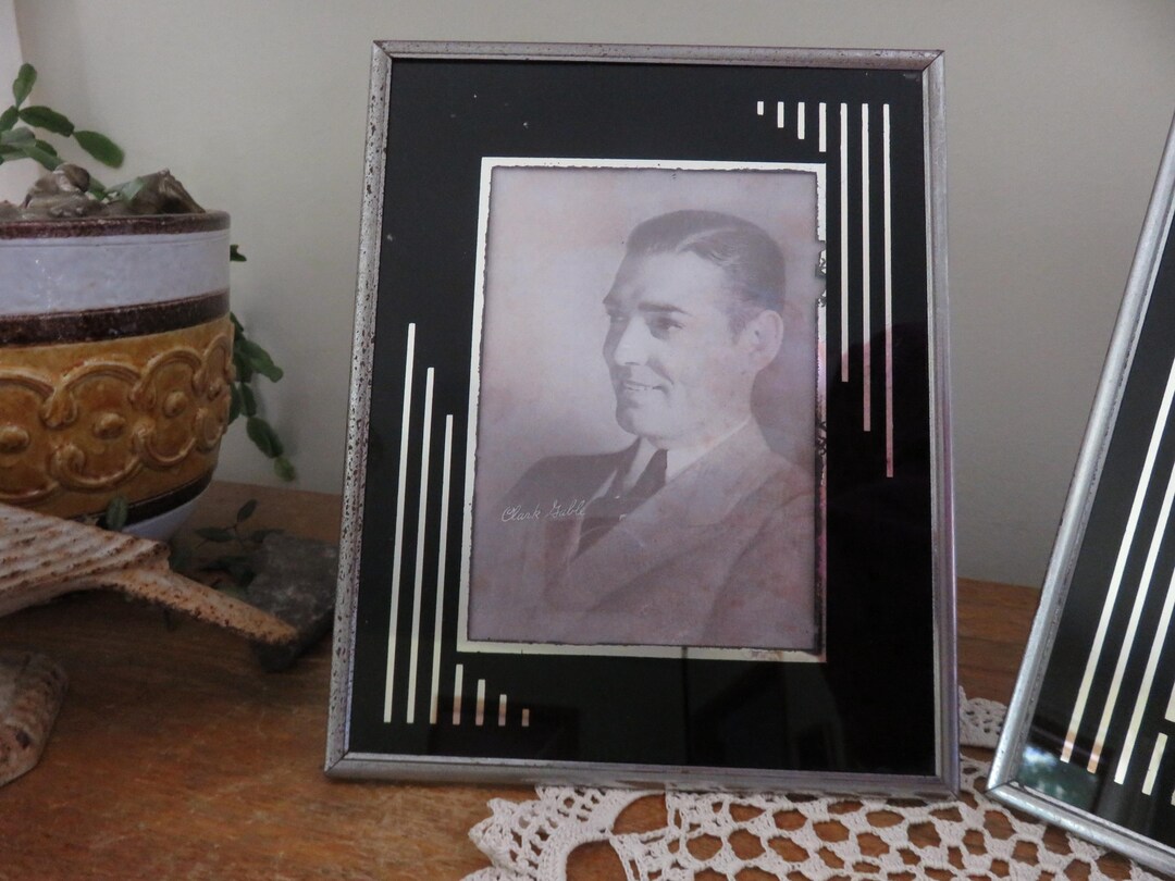 Vintage Art Deco Reverse Painted Picture Frame- Black & Silver Tabletop ...