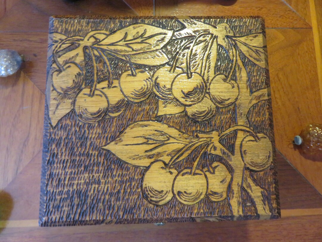 Antique Flemish Art Pyrography Hinged Wood Box- Cherries & Leaves ...
