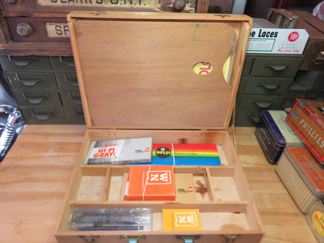 Vintage Wood Artist Travel Box-case W/ Palette and Art Supplies- Finger ...