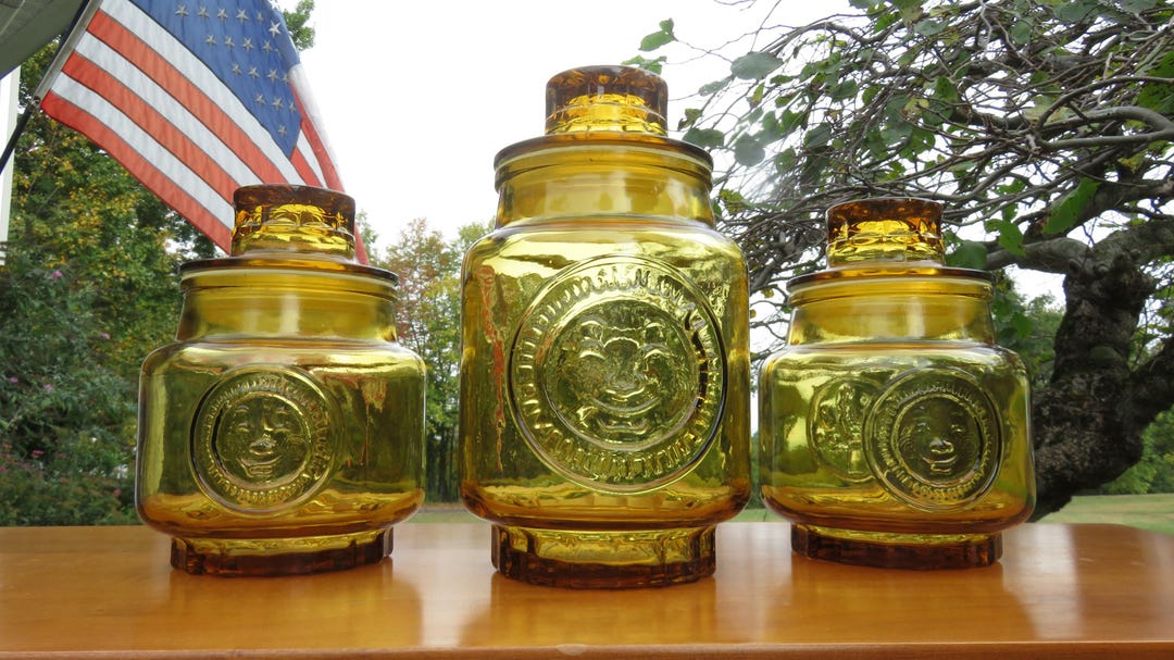 Vintage Wheaton Amber Glass Canisters-smiling Sun Face/rooster- Set of ...