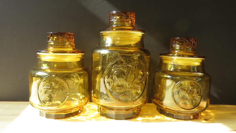 Vintage Wheaton Amber Glass Canisters-smiling Sun Face/rooster- Set of ...