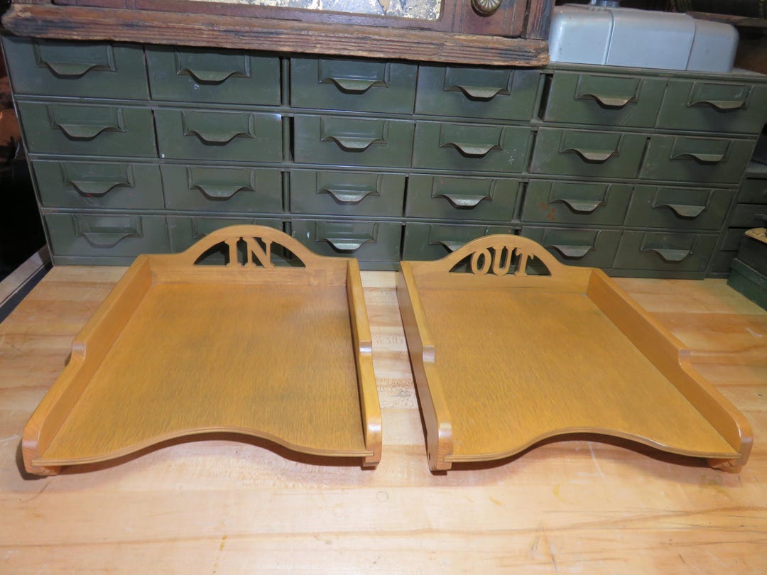 Vintage Wood File Trays- In/out Desk Top Paper Organizer- Hand Crafted ...