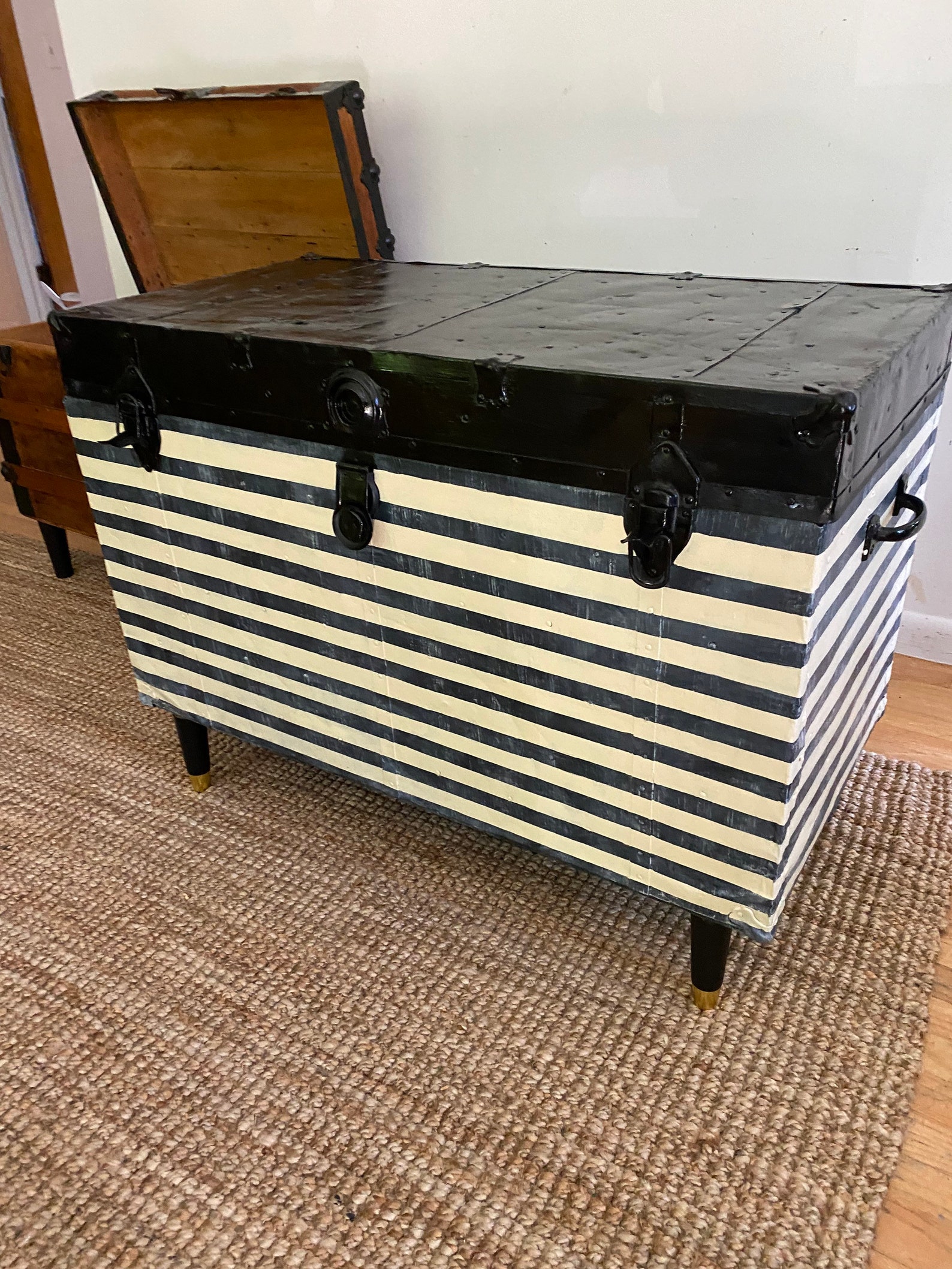 Antique Steamer Trunk Chest Black and White Stripes - Etsy