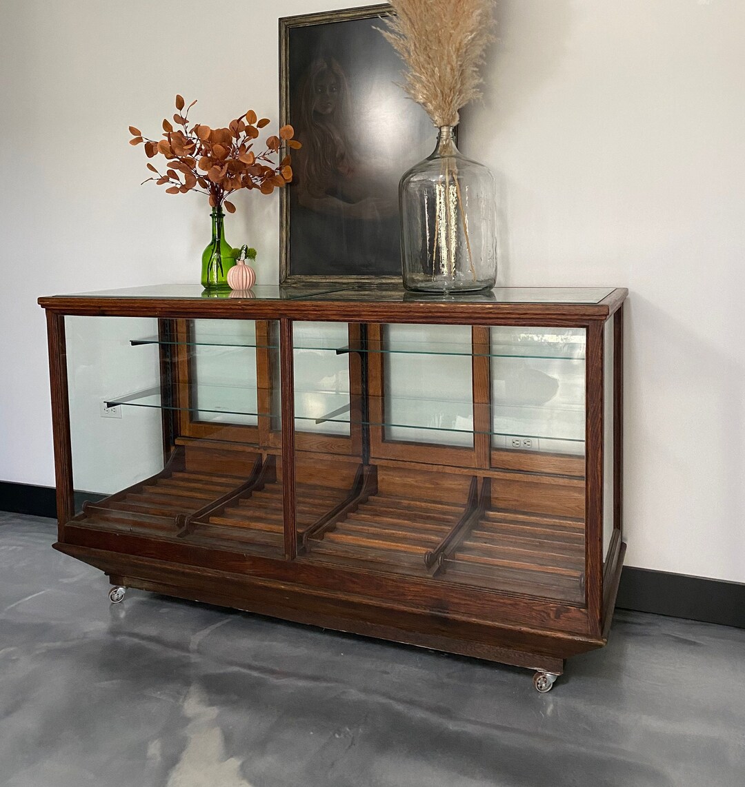 Antique Large Display Cabinet Wavy Original Glass Oak by Saginaw ...