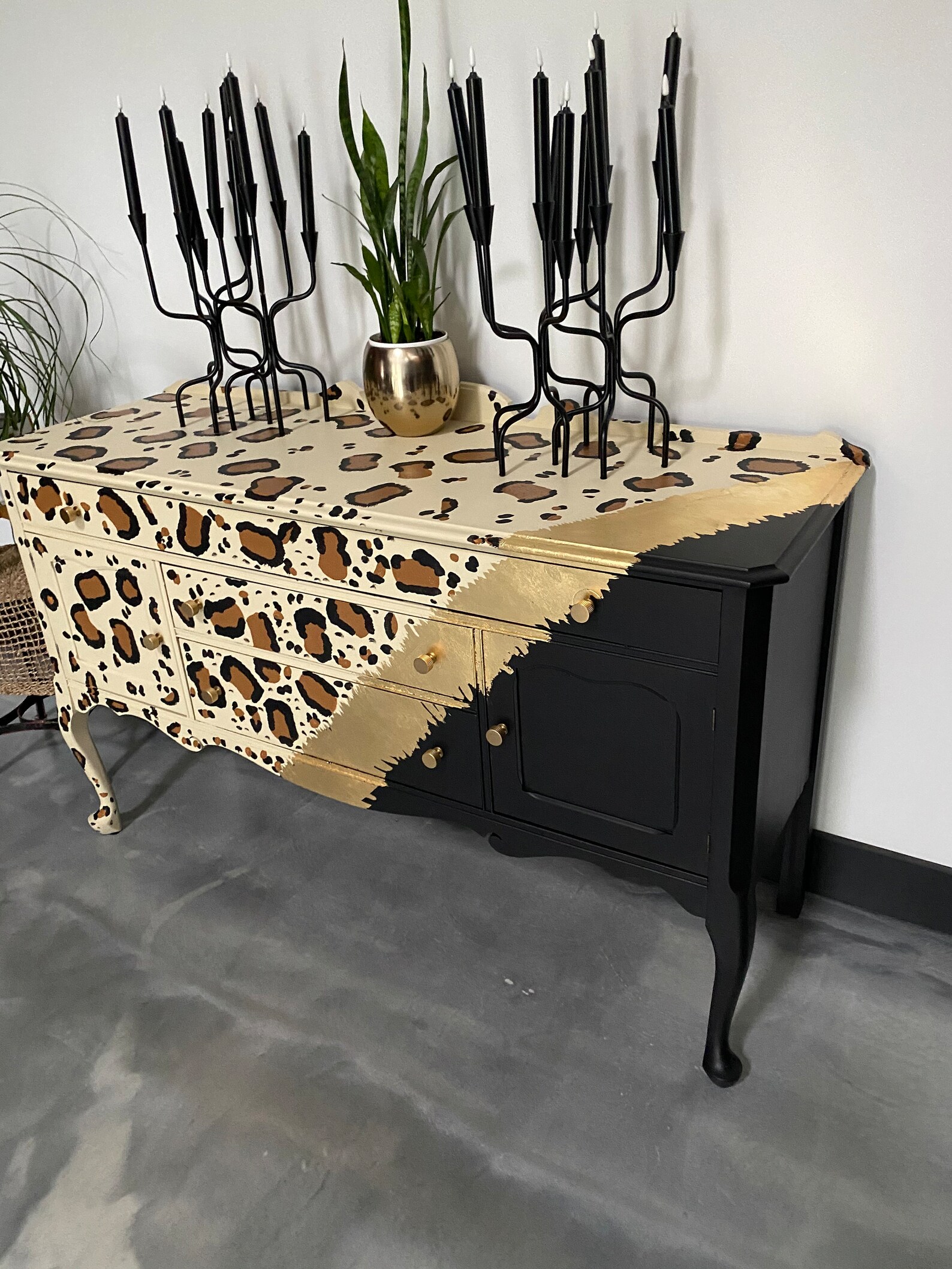 Hand Painted Leopard Print, Gold Leaf, and Black Buffet Credenza ...
