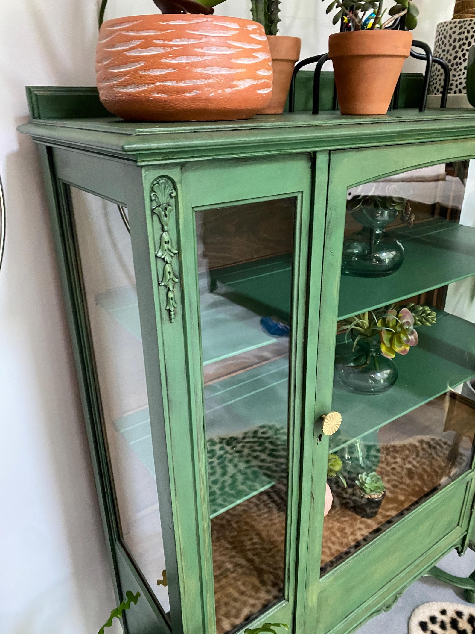 Antique Green China Cabinet Painted Display Cabinet Wavy Glass - Etsy