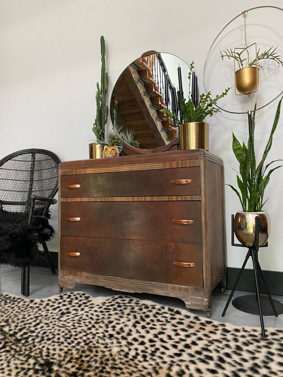 Art Deco Vintage Dresser and Round Mirror Bakelite Handles Wallpapered Drawers FREE SHIPPING Etsy