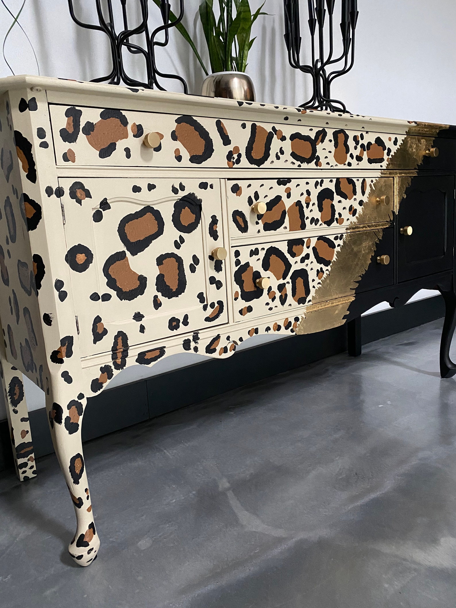 Hand Painted Leopard Print, Gold Leaf, and Black Buffet Credenza ...