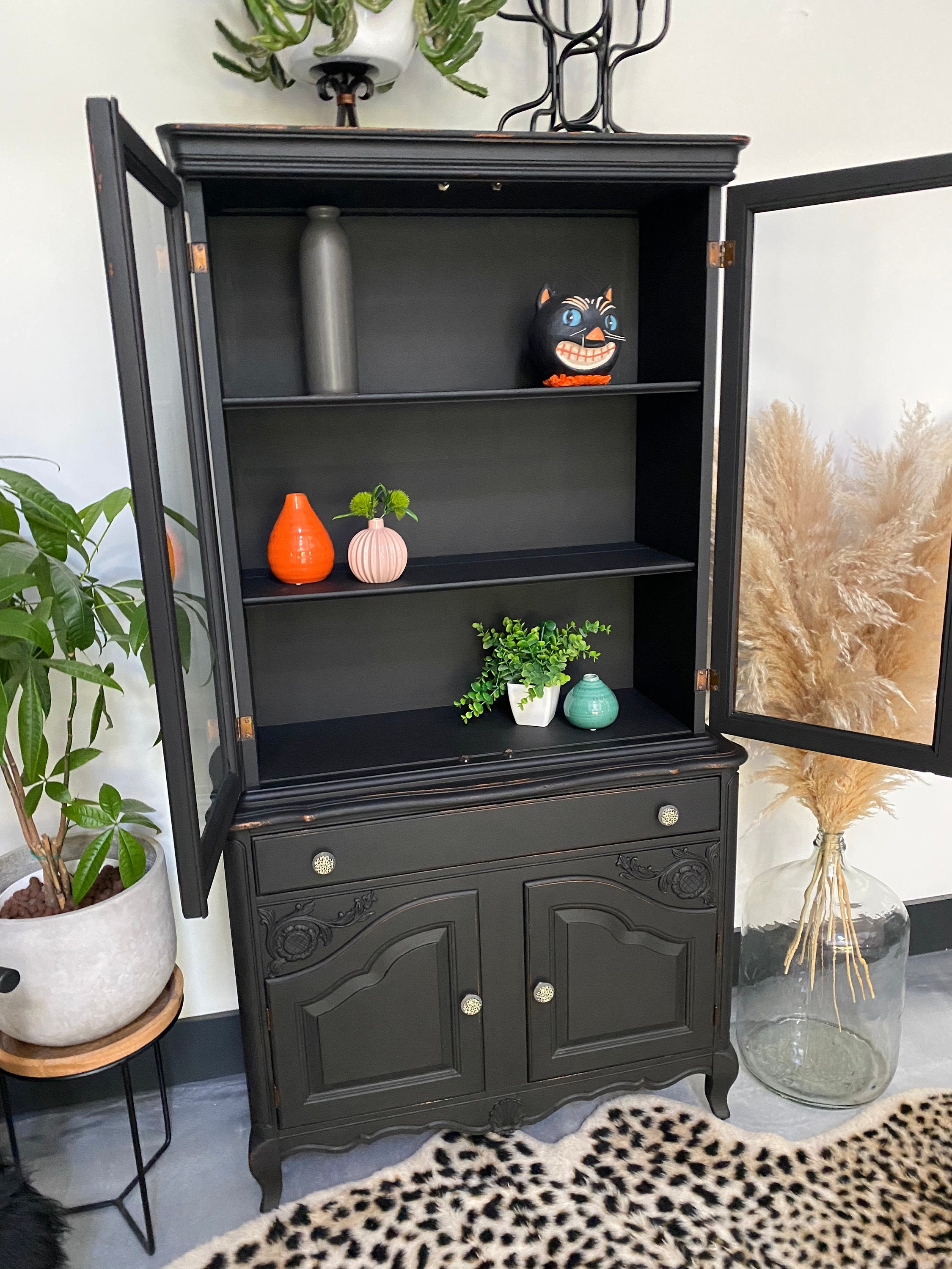 Vintage Display Cabinet China Cabinet Black and Leopard Print - Etsy