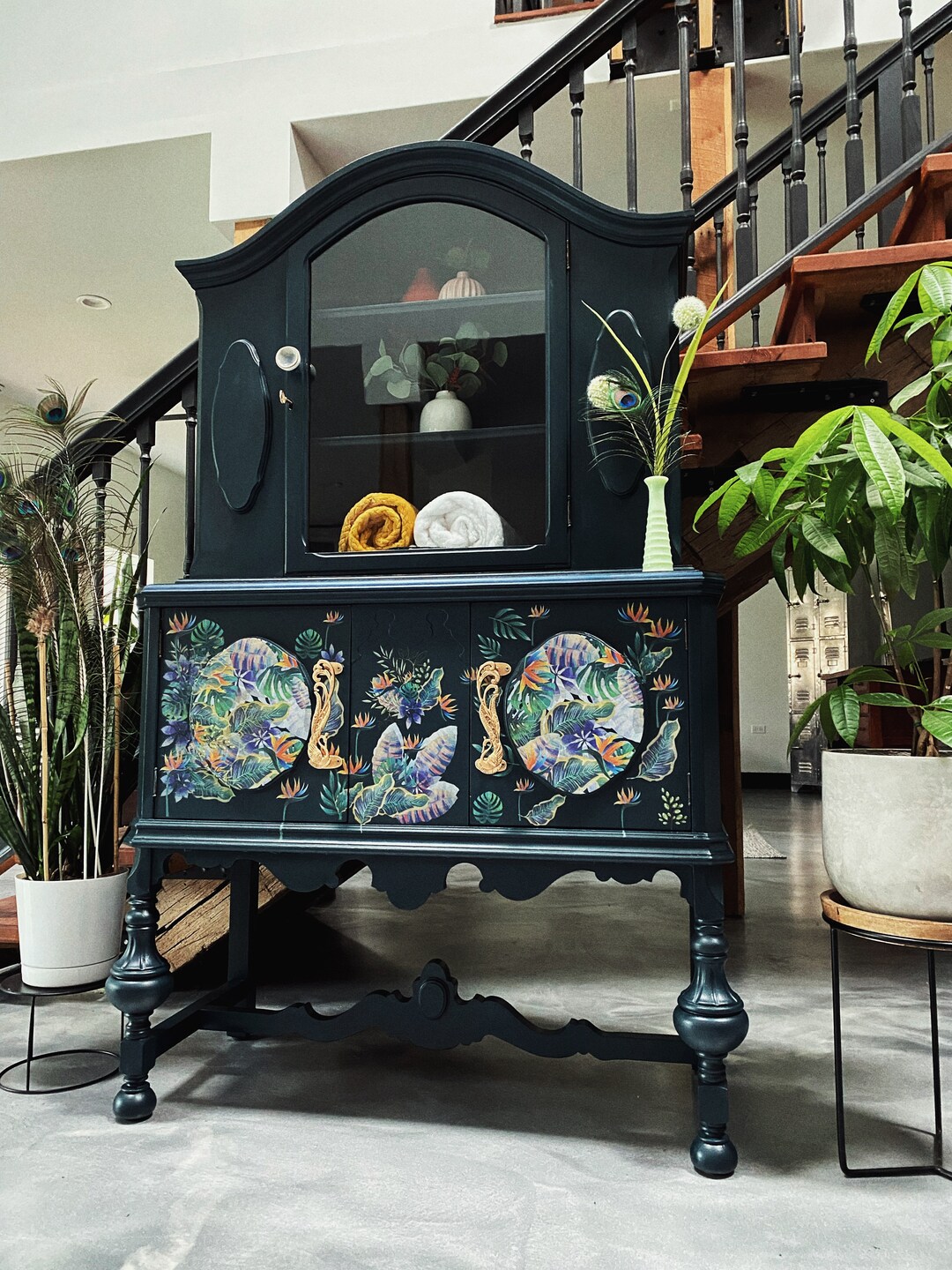 Antique Peacock Jacobean Botanical Tropical Blue Peacock Storage China ...