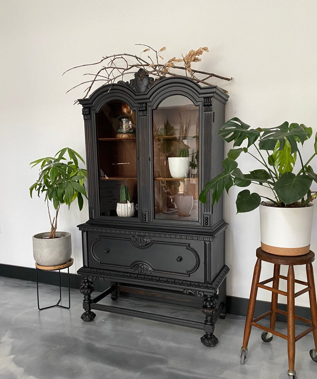 Antique Ornate Arched Black China Cabinet Display Cabinet by - Etsy