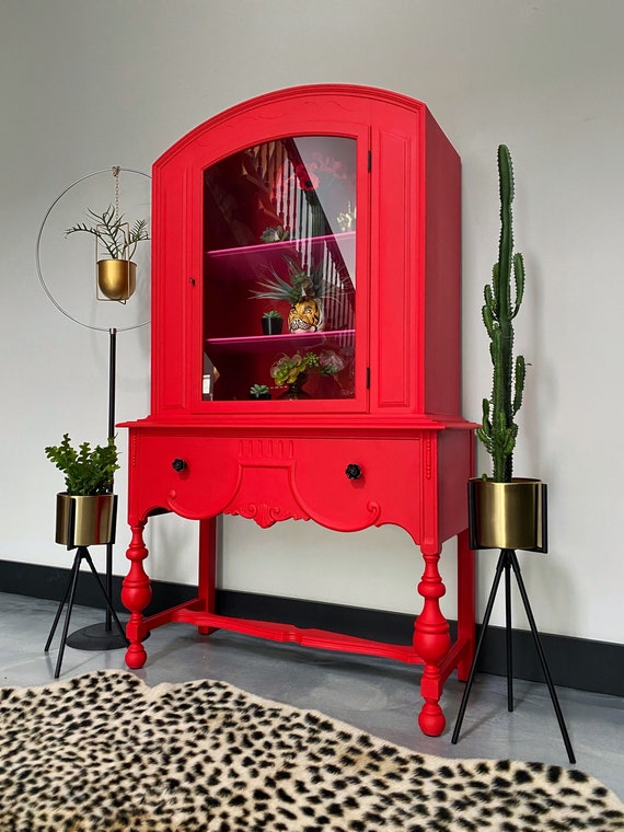 Bright Red Painted China Cabinet Pink Drawer and Shelves Jacobean Cabinet Furniture Neon Hand Painted Rose Knobs Etsy