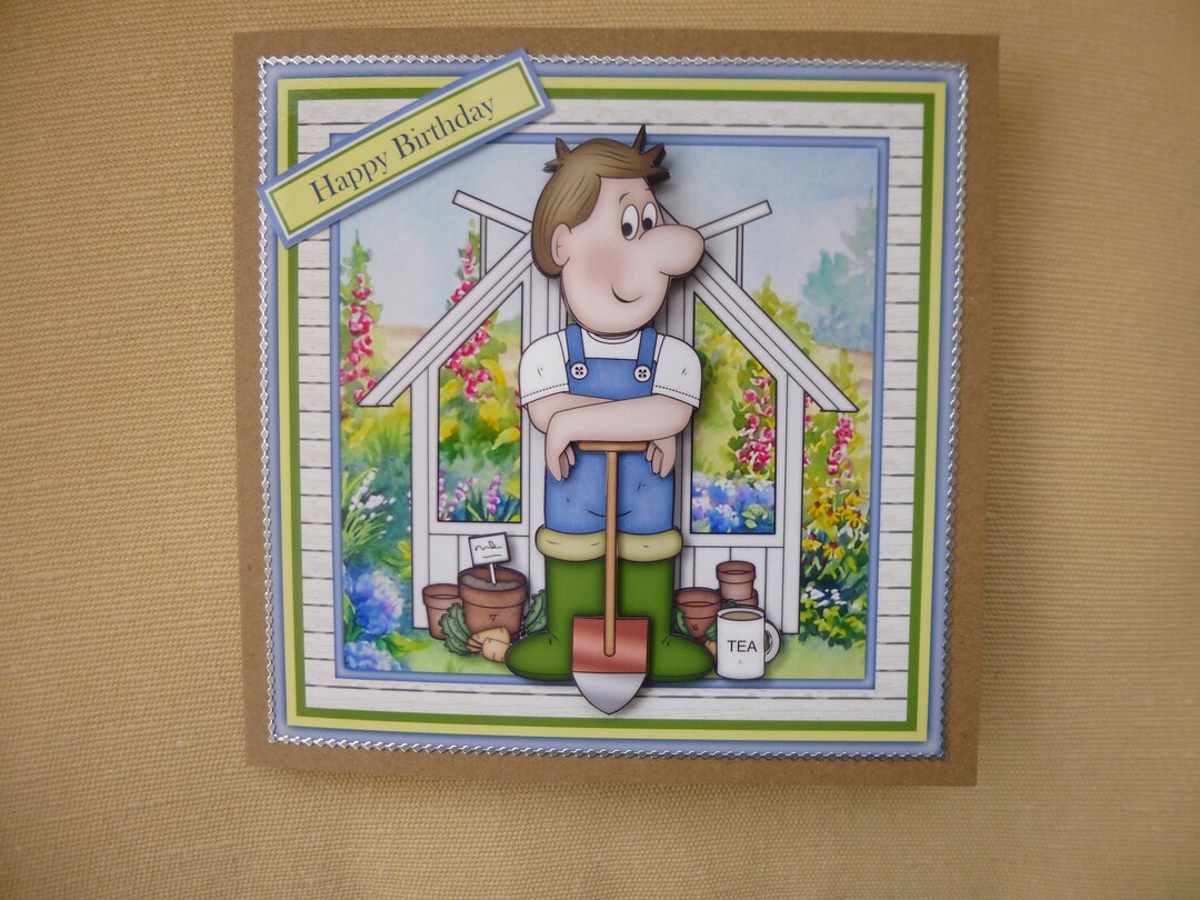 Male Gardener Birthday Card, 3d Decoupage Gardener and Greenhouse Card ...