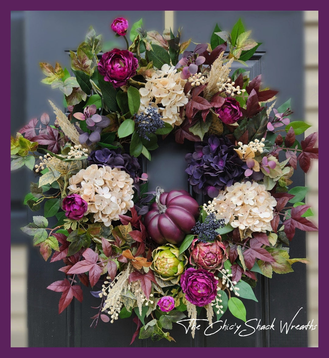30 Purple Plum Berry and Cream Fall Wreath, Hydrangea Artichoke Pumpkin ...