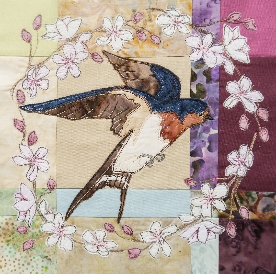 Swallow and Cherry Blossom Applique Pattern: Raw Edge Embroidery (PDF ...