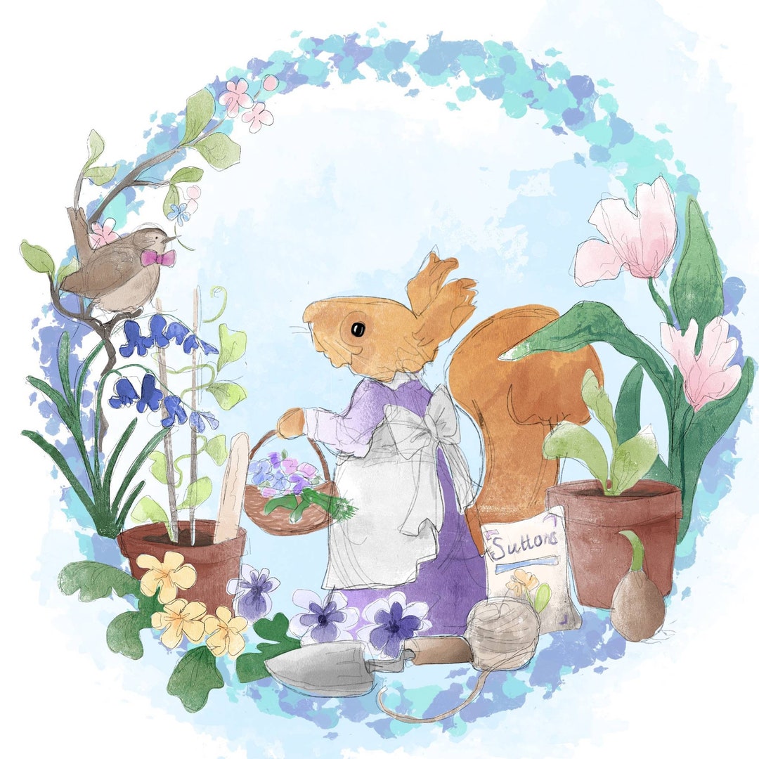 Pre-order Victorian Baltimore Panel Gardening Spring Squirrel on Blue ...