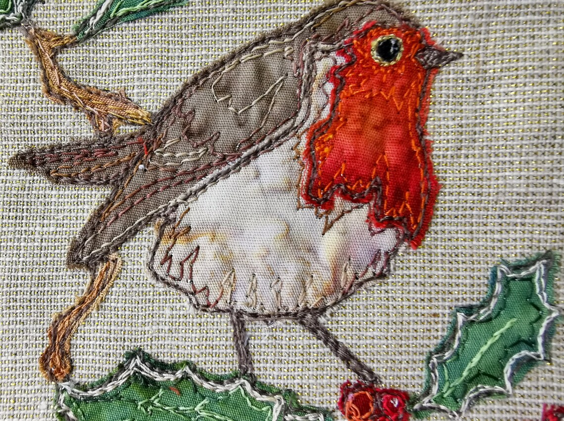 Printed Pattern for Golden Robin Christmas Winter Holly Raw Edge ...