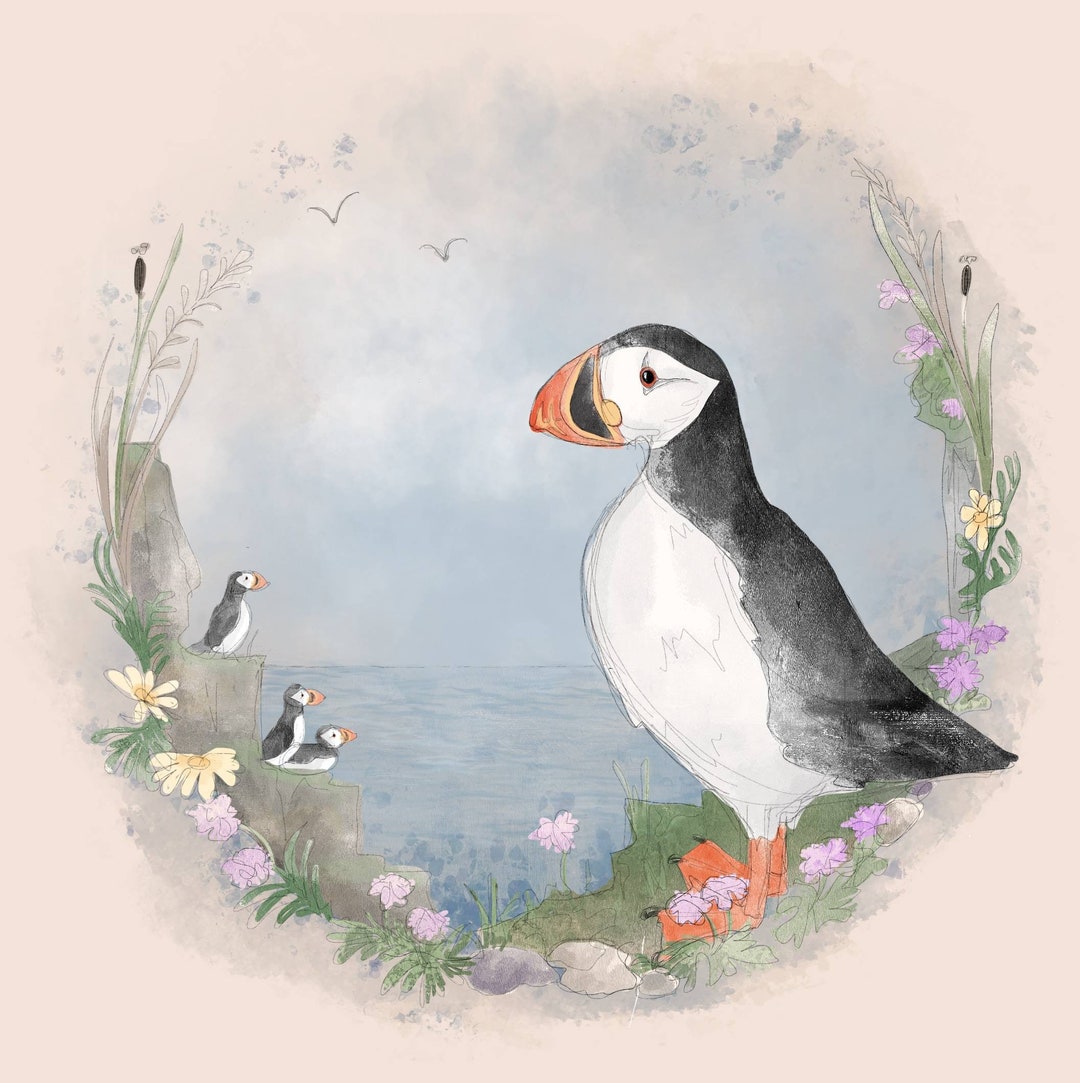 Pre-order Fabric Panel Puffins Coastal on Light Taupe 30cm Square ...
