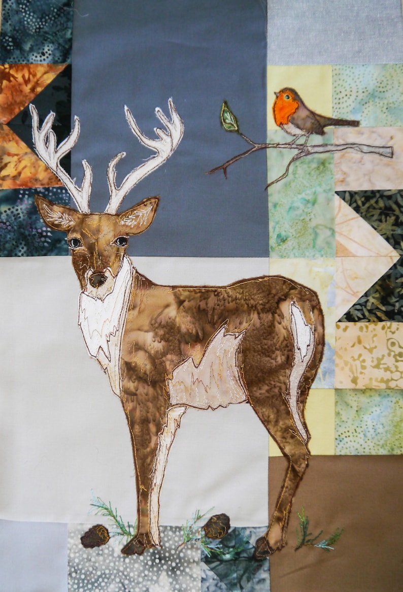 PDF Pattern for Block of the Month 11 Stag Robin Deer Raw Edge Applique ...