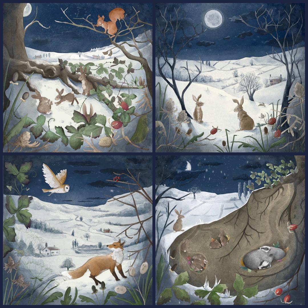 Set of 4 Winter Scenes With Rabbits, Badgers, Owl and Squirrel Printed ...