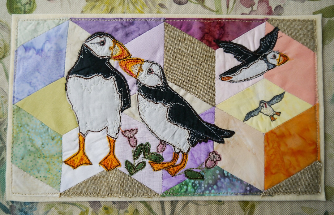 PDF Pattern for Puffin Pair Valentine Hand Pieced Background Raw Edge ...