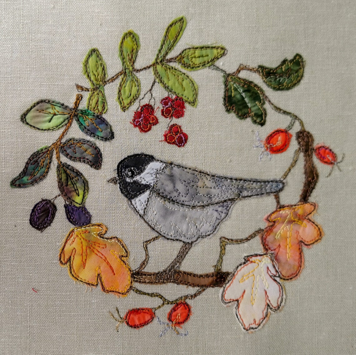PDF Pattern for Autumn Chickadee Berries Sloes Raw Edge Applique ...