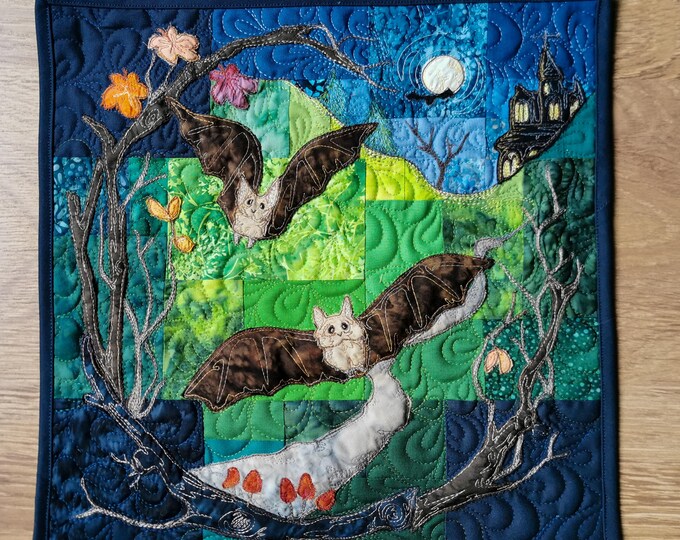 Finished Textile Art Mounted 14" Quilt Bats and Haunted House Quilt ...