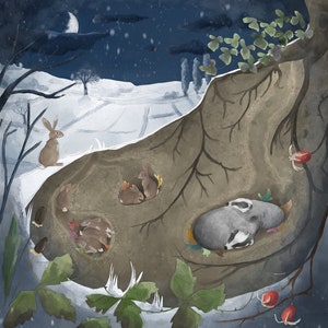 Set of 4 Winter Scenes With Rabbits, Badgers, Owl and Squirrel Printed ...