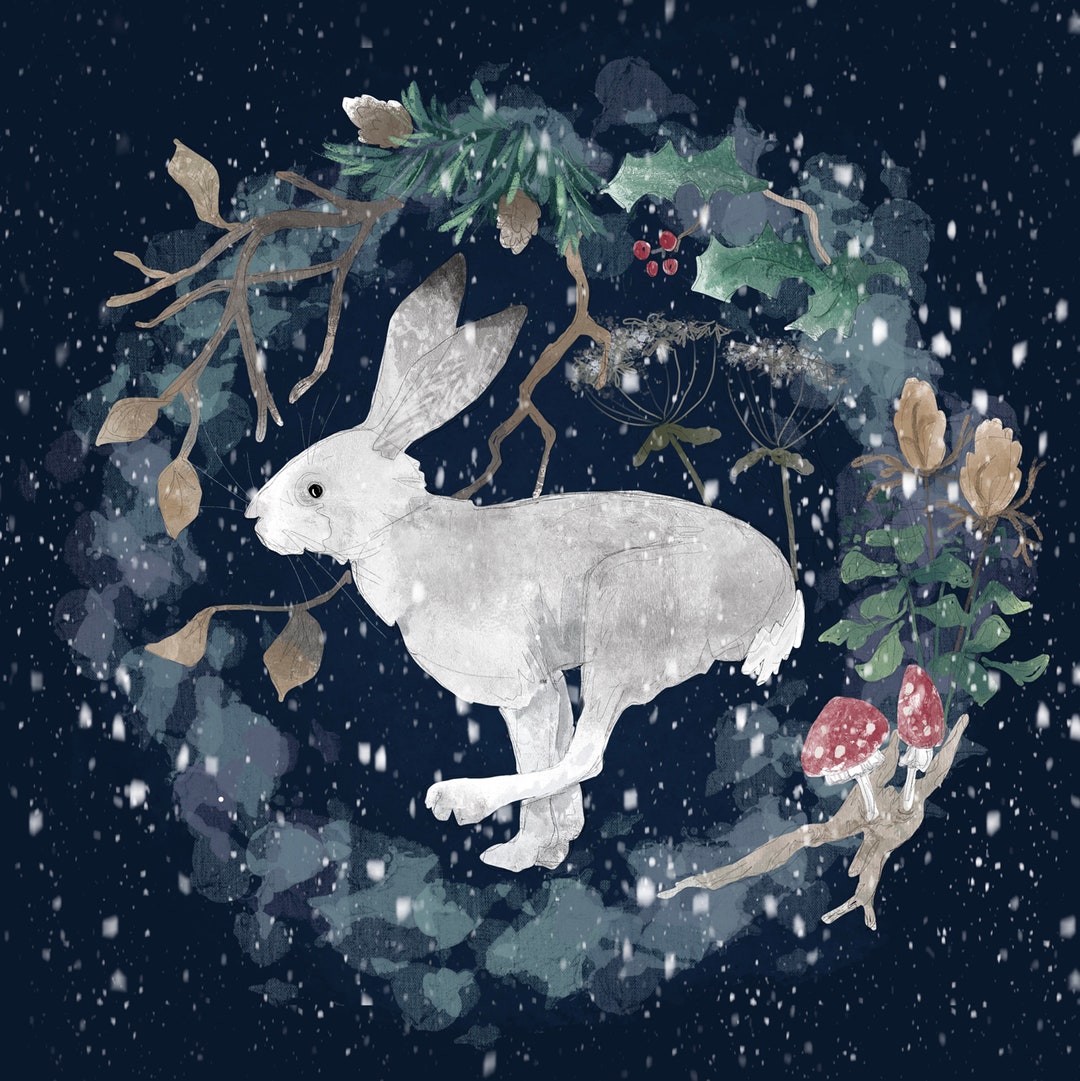 Pre-order Fabric Panel Winter Hare Running on Dark Blue 30cm Square ...