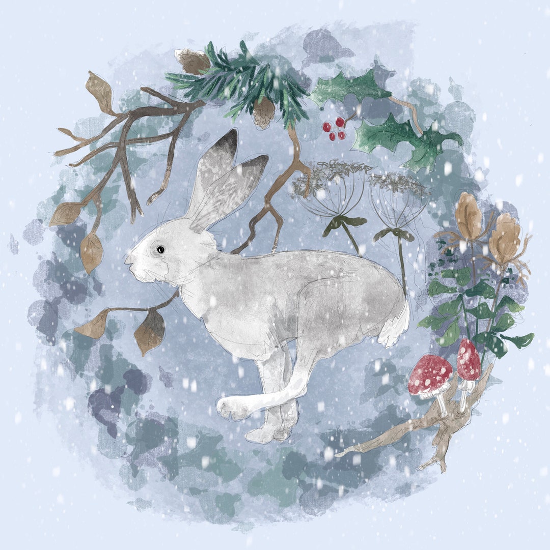 Pre-order Fabric Panel Winter Hare Running on Light Blue 30cm Square ...