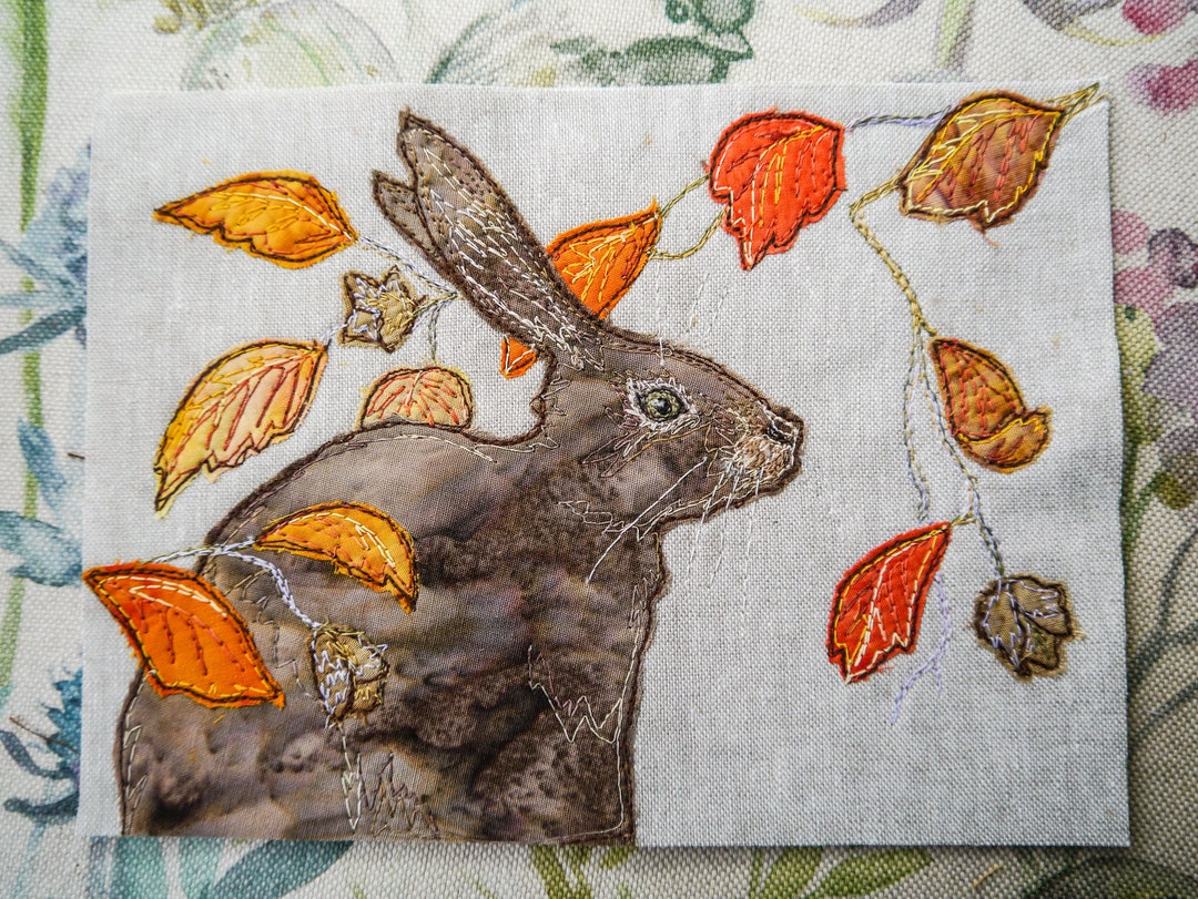 Printed Pattern for Autumn Hare and Birch and Fall Leaves Raw Edge ...