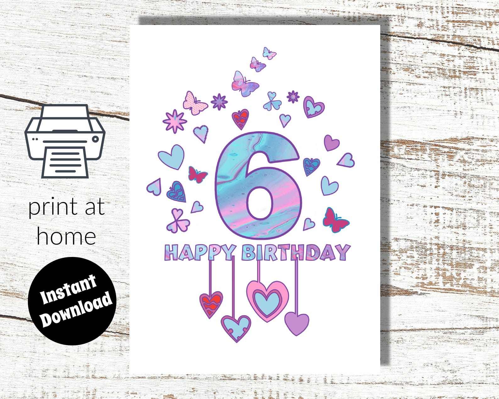 Instant Download and Print at Home Pink 6th Birthday Digital Card for ...