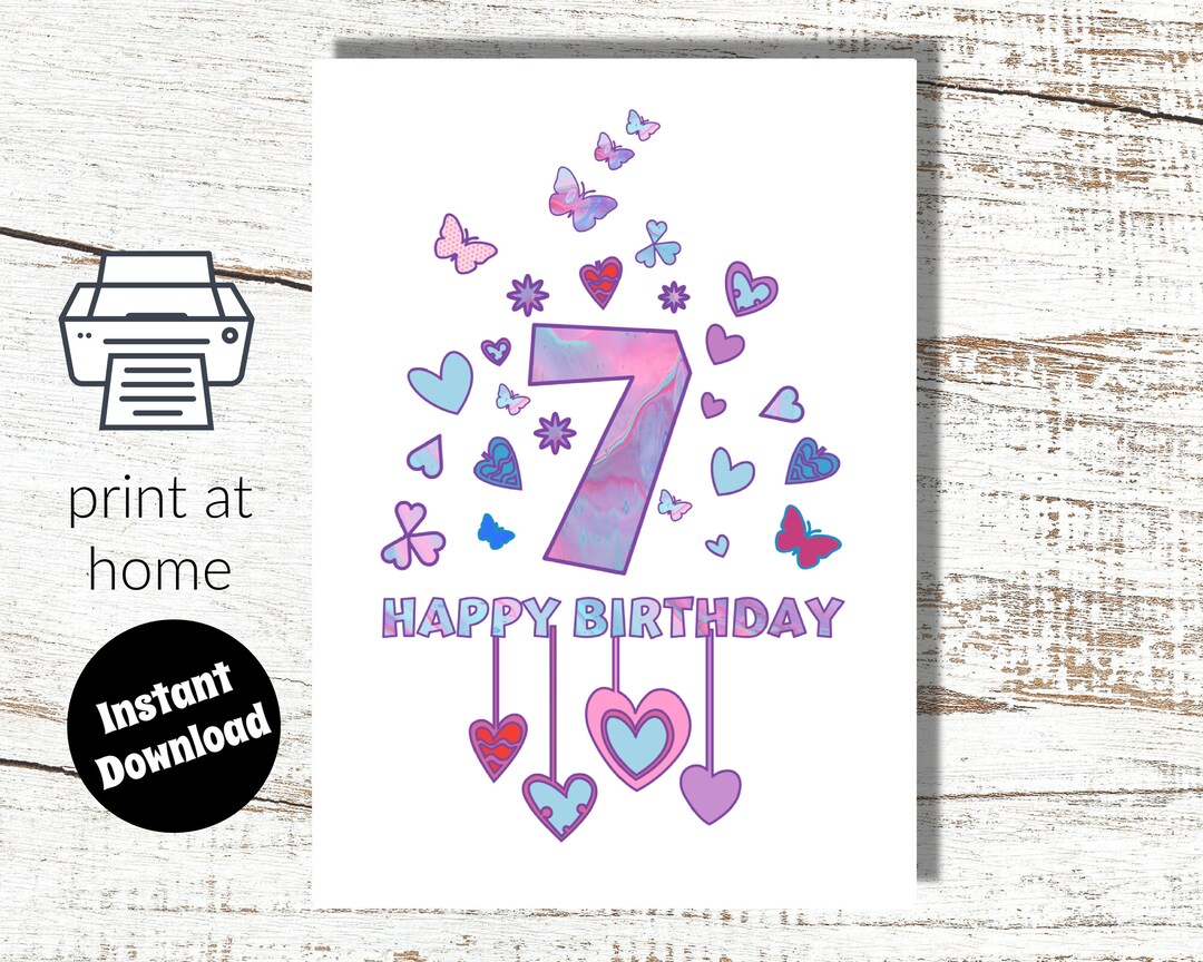 Instant Download and Print at Home Pink 7th Birthday Digital Card for ...