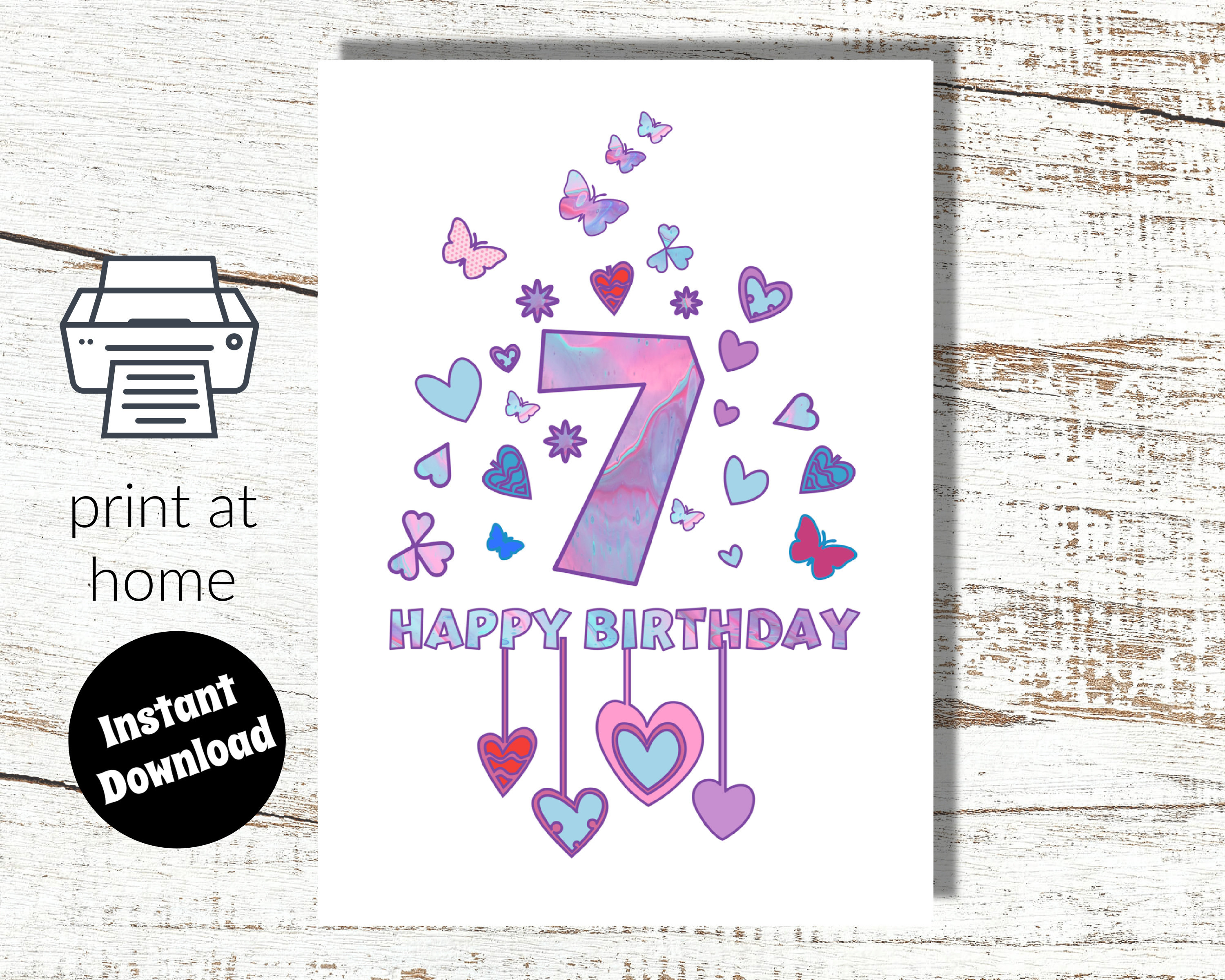 Instant Download and Print at Home Pink 7th Birthday Digital Card for ...