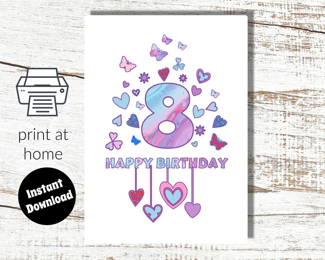 Instant Download and Print at Home Pink 8th Birthday Digital Card for ...