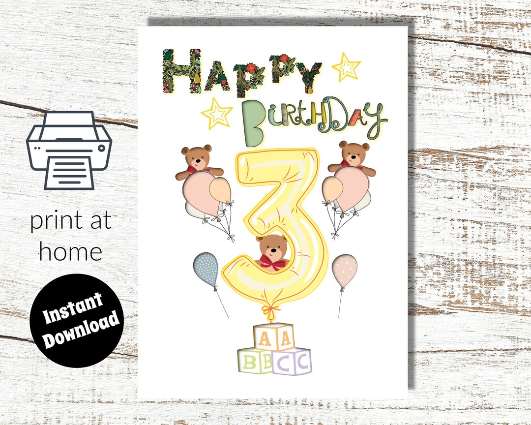 Instant Download and Print at Home 3rd Birthday Digital Card for ...