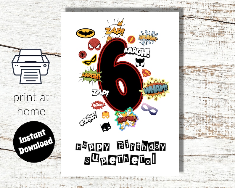 Instant Download and Print at Home 6th Birthday Digital Card Superhero ...