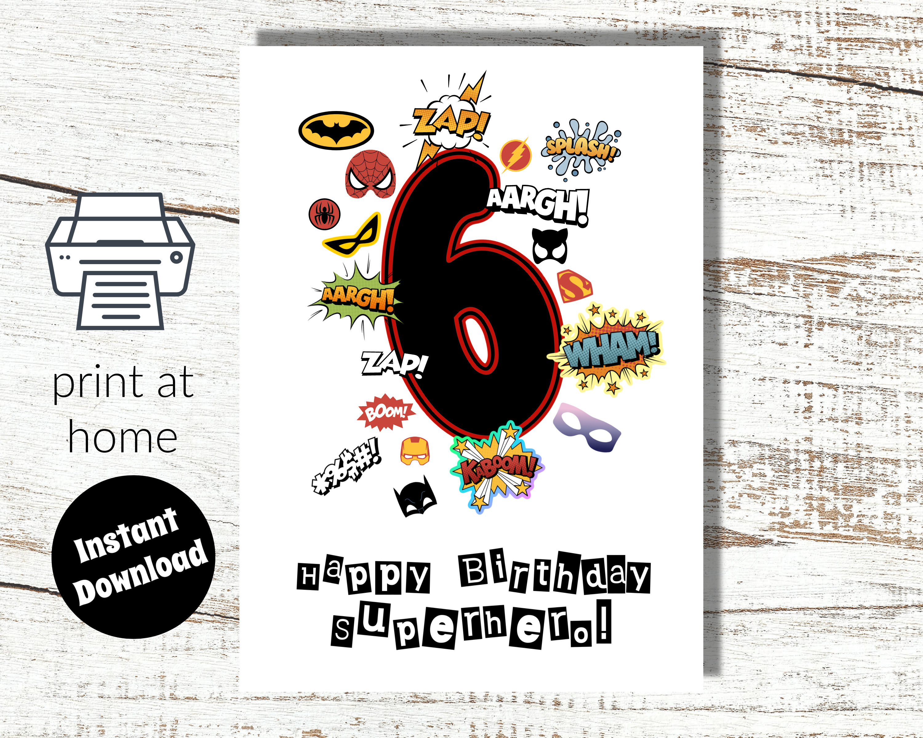Instant Download and Print at Home 6th Birthday Digital Card Superhero ...