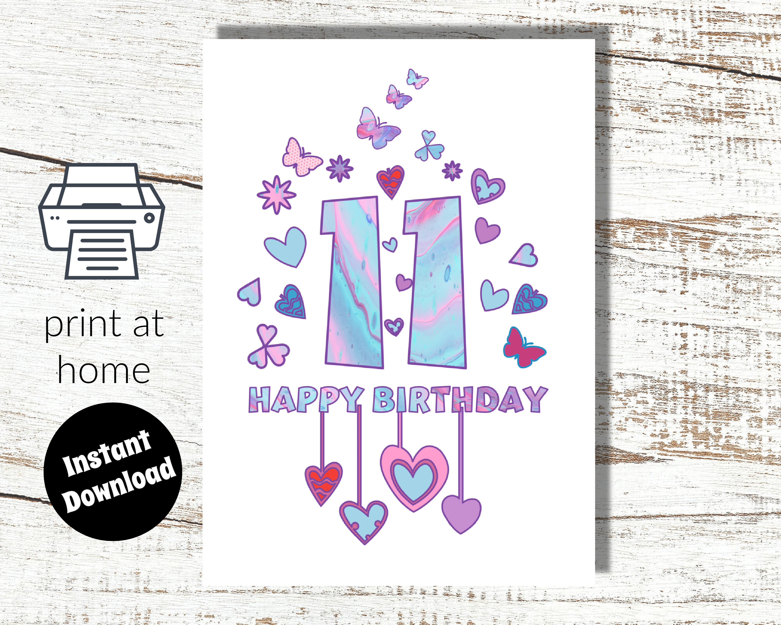 Instant Download and Print at Home Pink 11th Birthday Digital Card for ...