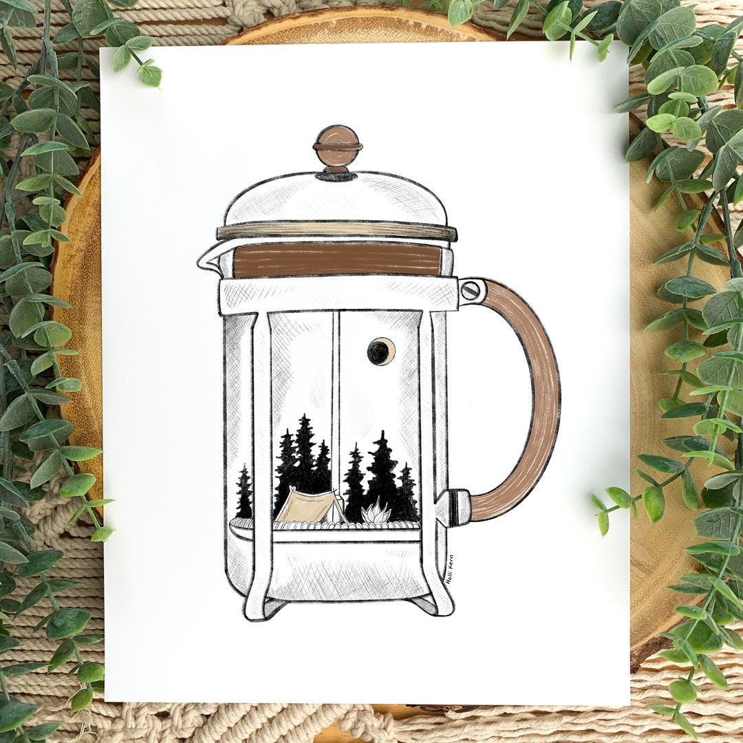 French Press Art, Coffee Art Print, Tent Nature Art Decor, French Press ...
