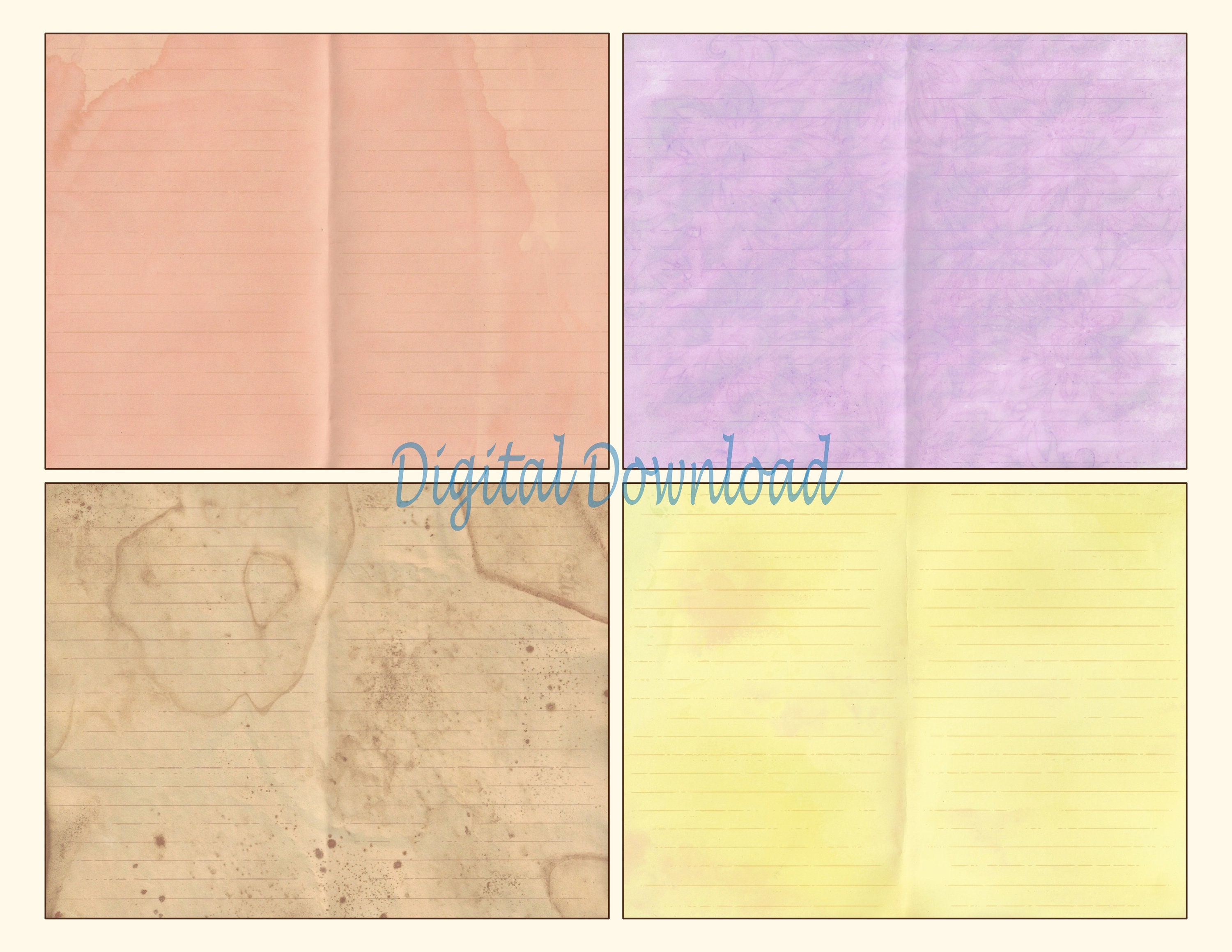 25 Pastel Coffee Stained Lined Paper, Junk Journal Pages (digital ...
